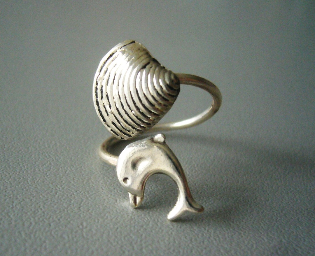 Silver Dolphin Ring With a Shell, Wrap Open Style, Adjustable Ring ...