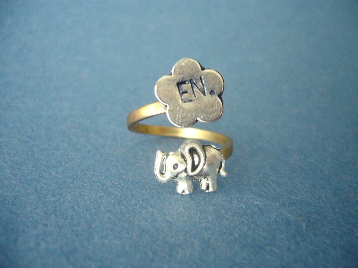 Personalized Elephant Ring With a Flower Adjustable Ring | Etsy