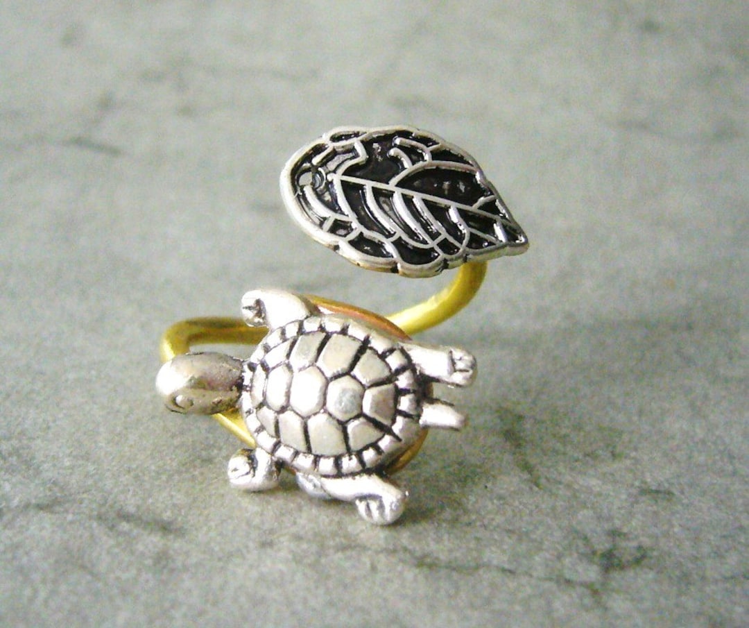 Turtle Wrap Ring With a Leaf, Adjustable Ring, Animal Ring, Silver Ring ...