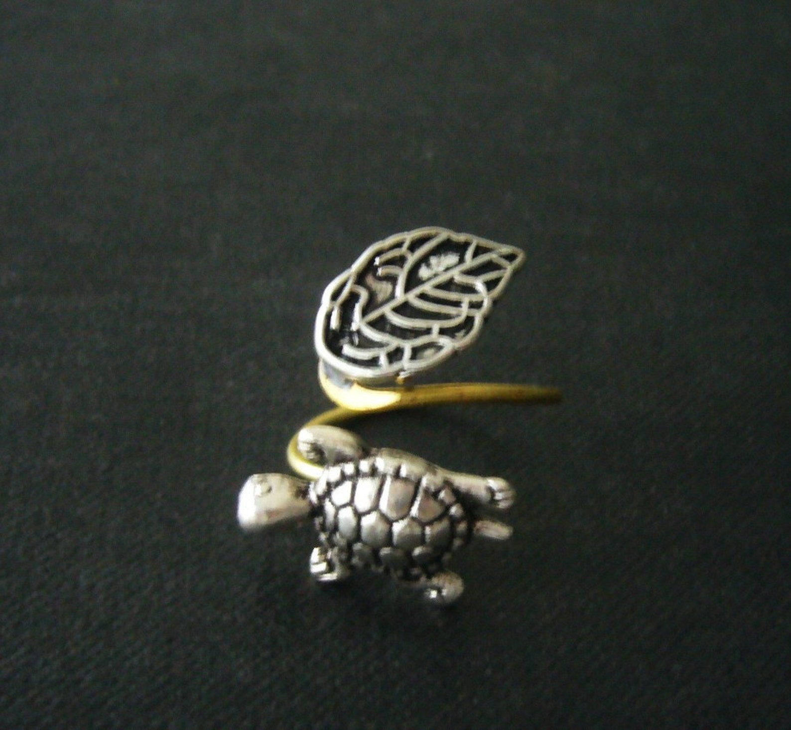Turtle Wrap Ring With a Leaf, Adjustable Ring, Animal Ring, Silver Ring ...
