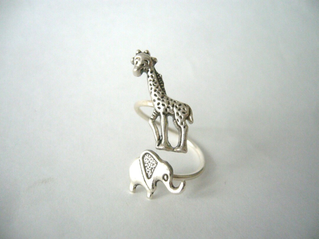 Silver Elephant Giraffe Ring Wrap Style, Adjustable Ring, Animal Ring ...