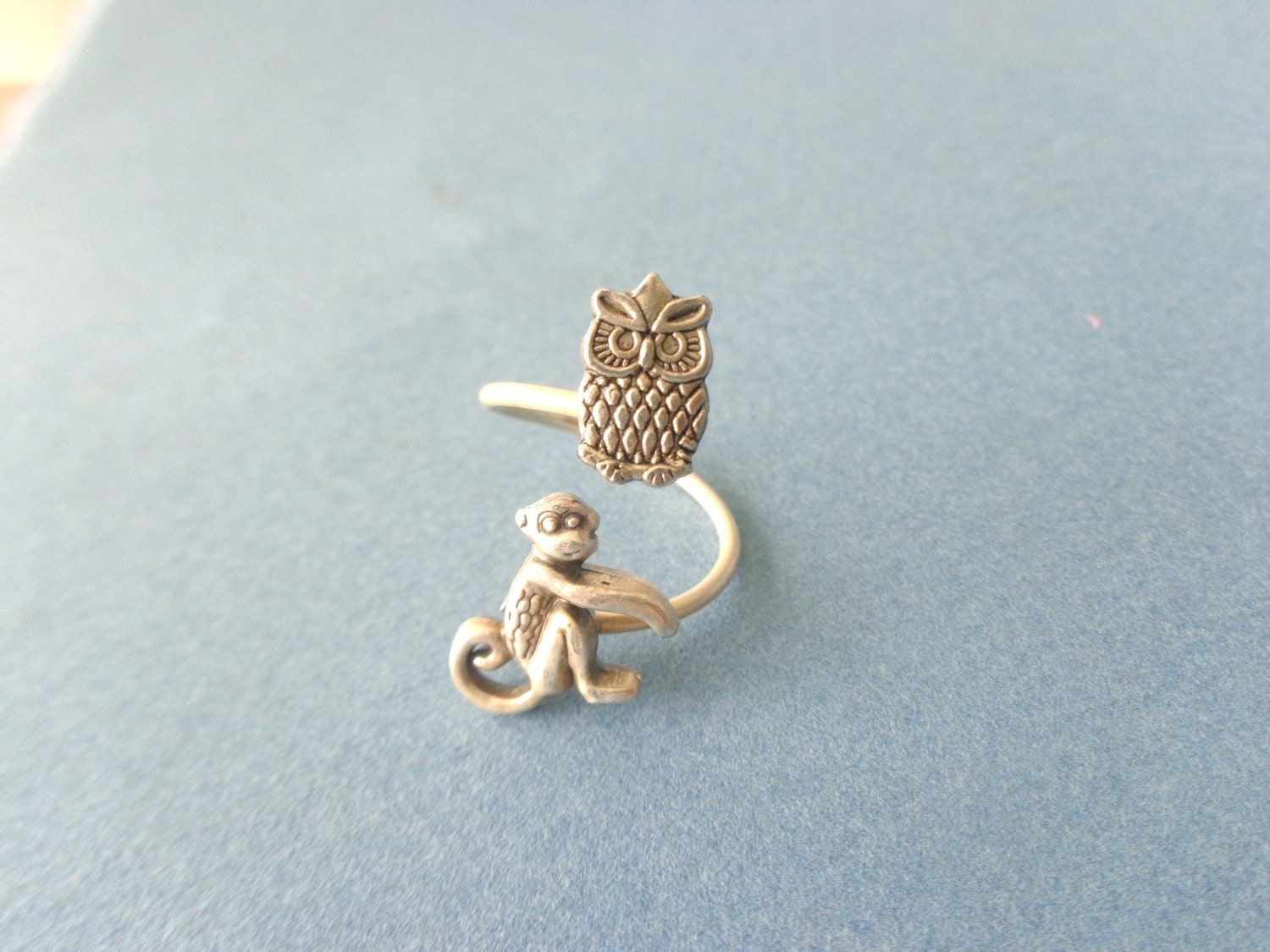 Monkey Ring With an Owl Adjustable Ring Animal Ring Silver - Etsy