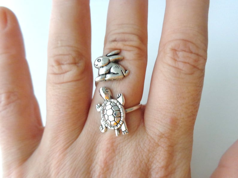 Silver Bunny Turtle Ring Wrap Style, Adjustable Ring, Animal Ring ...