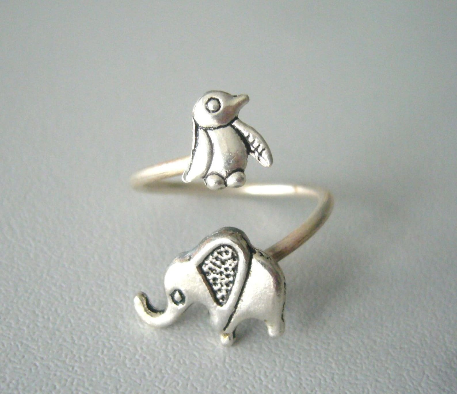 Silver Penguin Elephant Ring Wrap Style, Adjustable Ring, Animal Ring ...