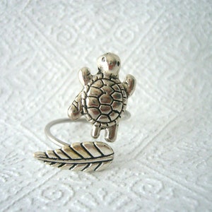 Silver Turtle Ring With a Leaf, Wrap Open Style, Adjustable Ring ...
