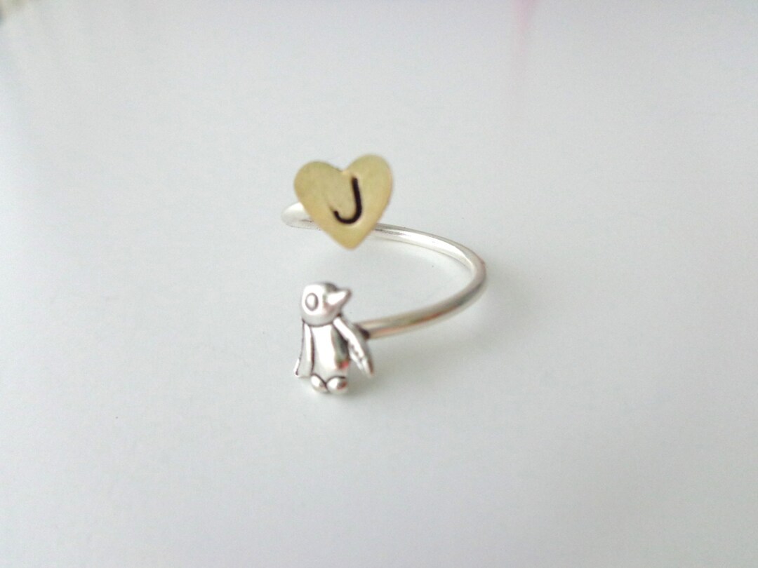 Silver Penguin Heart Ring Wrap Style, Adjustable Ring, Animal Ring ...