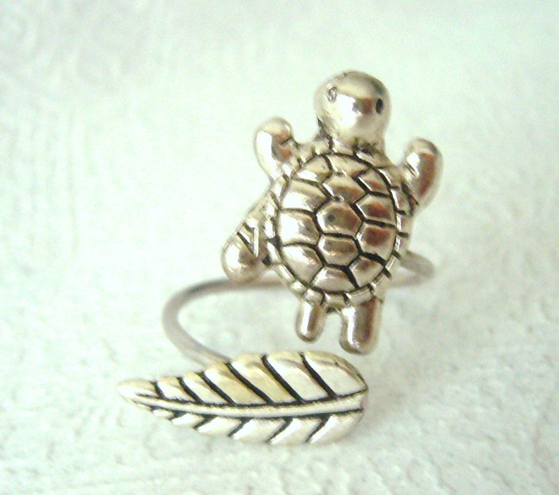 Silver Turtle Ring With a Leaf, Wrap Open Style, Adjustable Ring ...