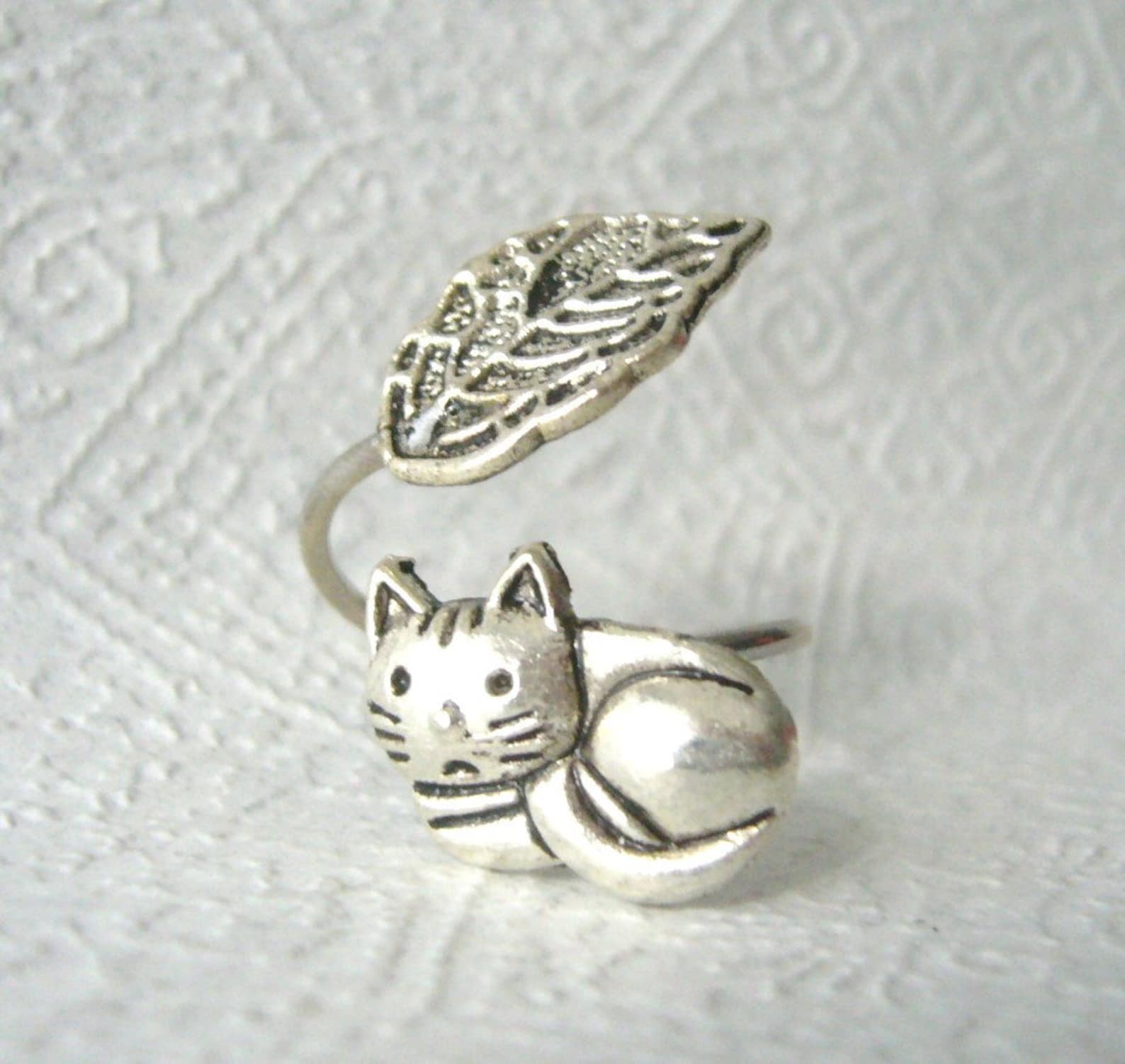 Cat Ring With a Leaf Wrap Style, Adjustable Ring, Animal Ring, Silver ...