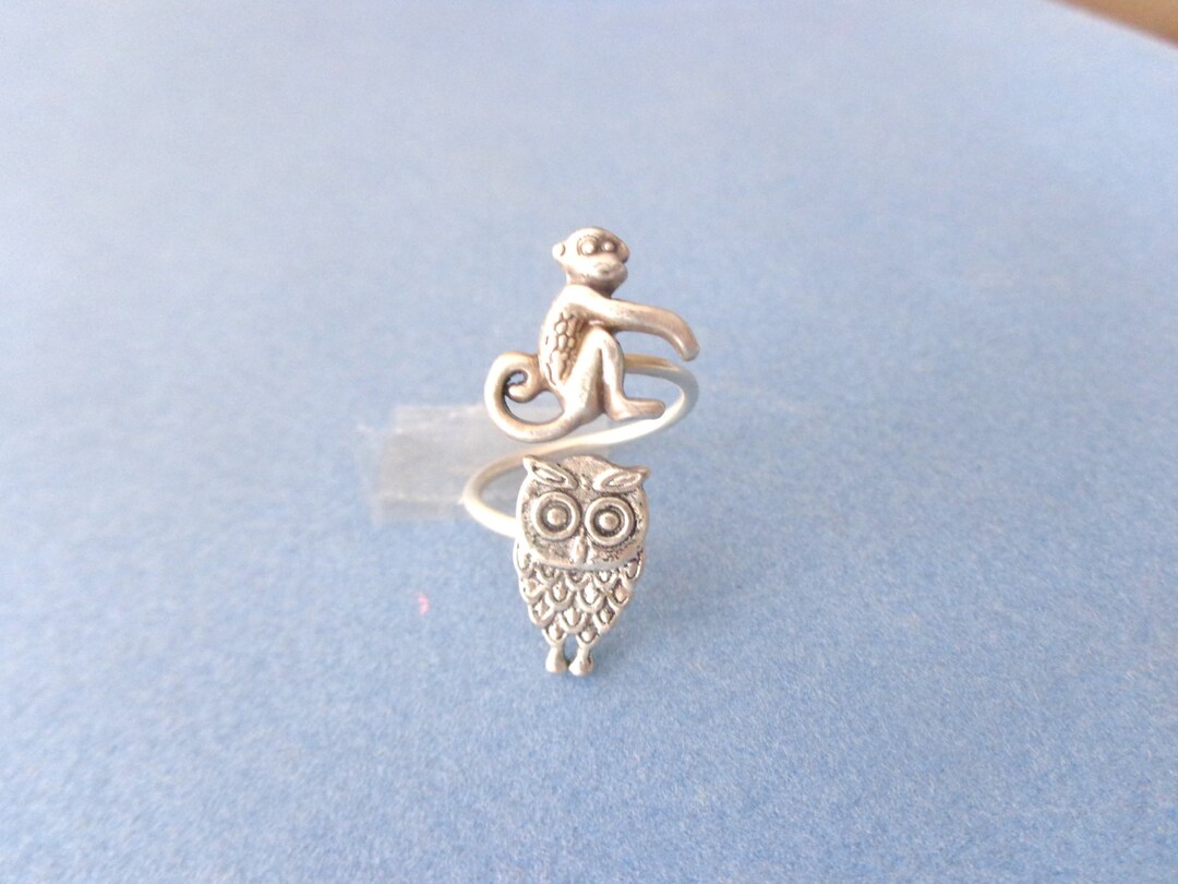 Monkey Ring With an Owl, Adjustable Ring, Animal Ring, Silver Ring ...