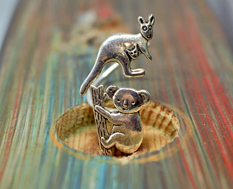 Koala Ring With a Kangaroo, Adjustable Ring, Animal Ring, Silver Ring ...