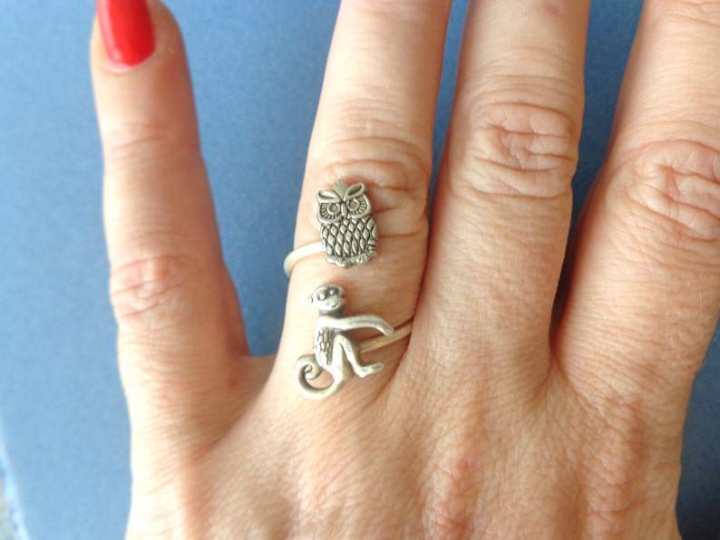 Monkey Ring With an Owl Adjustable Ring Animal Ring Silver - Etsy