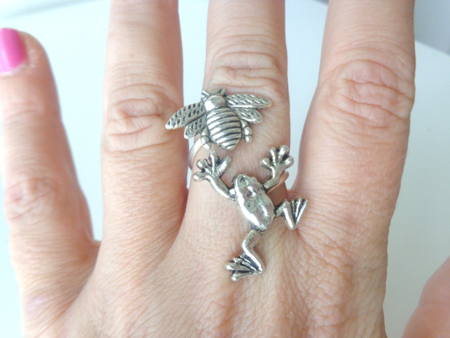 Frog Ring With a Bee Wrap Style, Adjustable Ring, Animal Ring, Silver ...