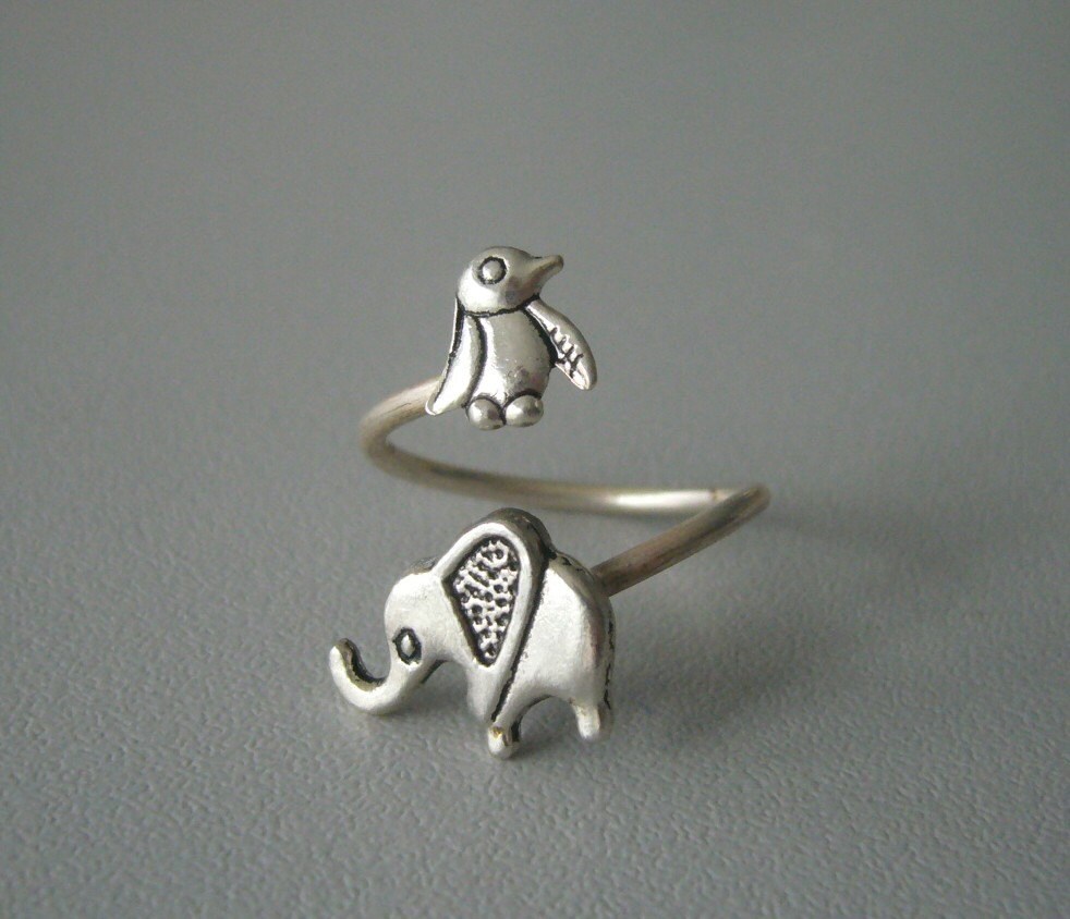 Silver Penguin Elephant Ring Wrap Style, Adjustable Ring, Animal Ring ...