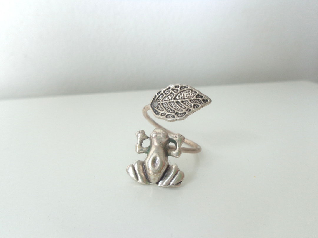 Frog Ring, Wrap Style, Leaf Adjustable Ring, Animal Ring, Silver Ring ...