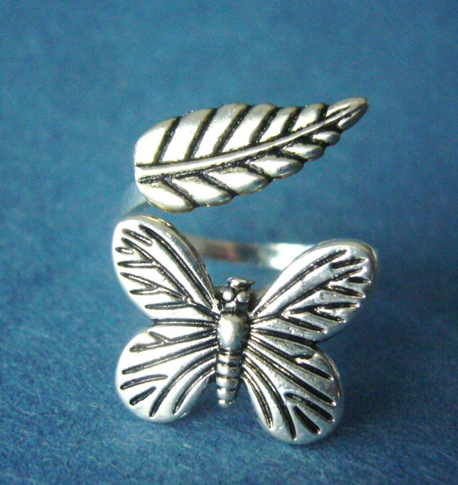 Silver Butterfly Ring With a Leaf Open Warp Style Adjustable - Etsy