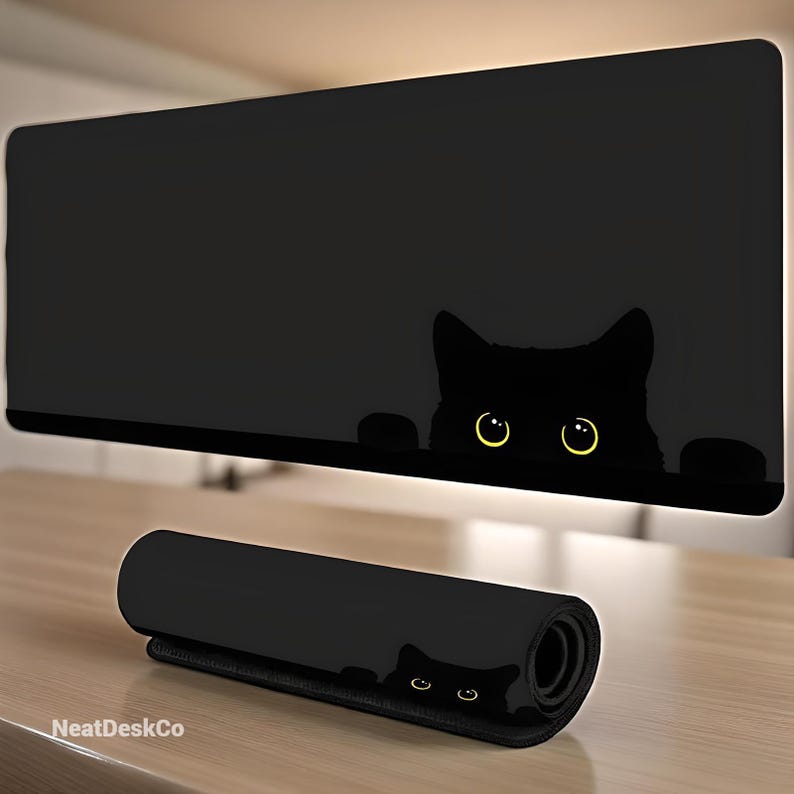 Black Cat Mouse Pad: Peekaboo Kitten XXL Keyboard Mat - Etsy