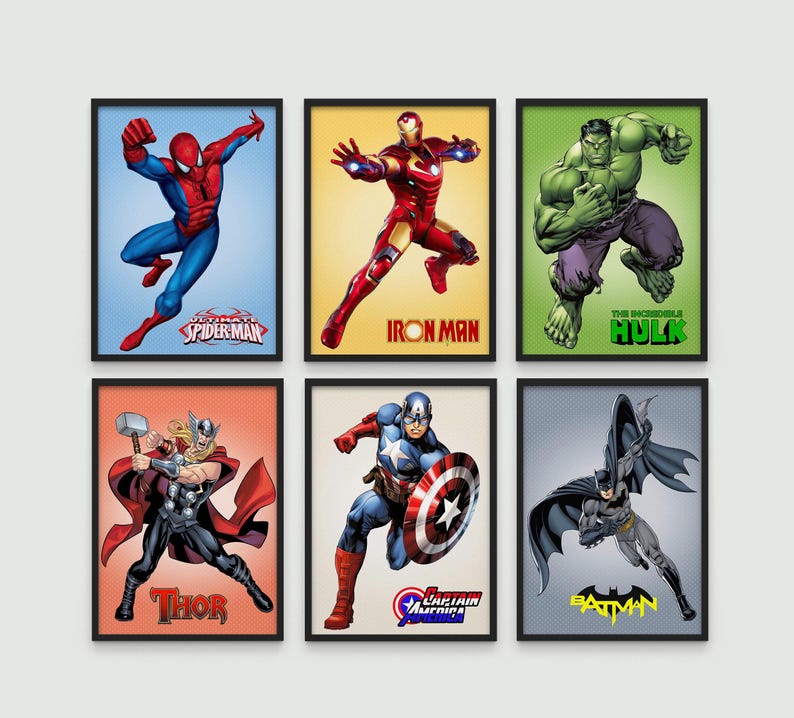 Superhero Wall Art , Superheroes Poster Set of 6, Superhero Arts ...