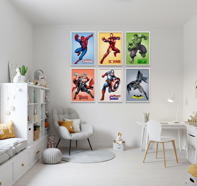 Superhero Wall Art , Superheroes Poster Set of 6, Superhero Arts ...