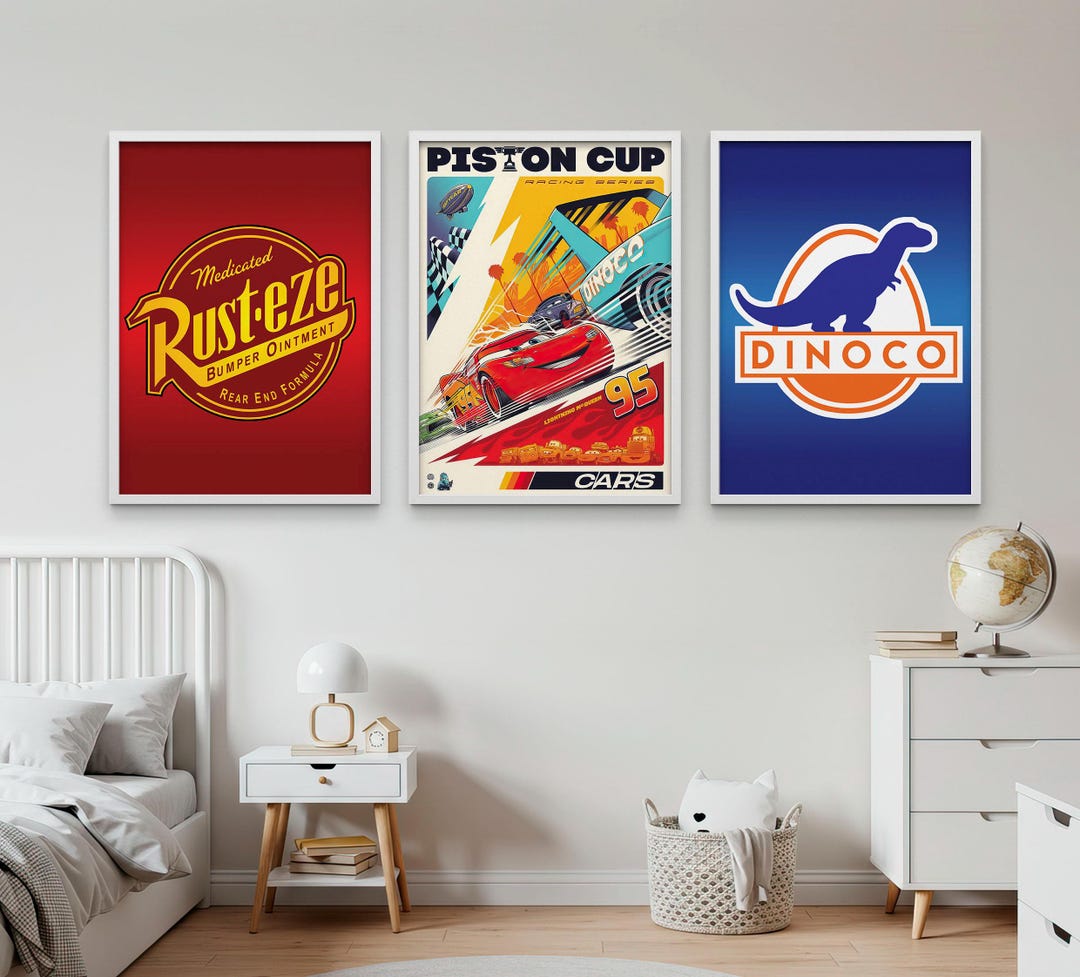 Cars Movie Poster Set of 3, Piston Cup, Rust-eze Art Print, Dinoco Art ...