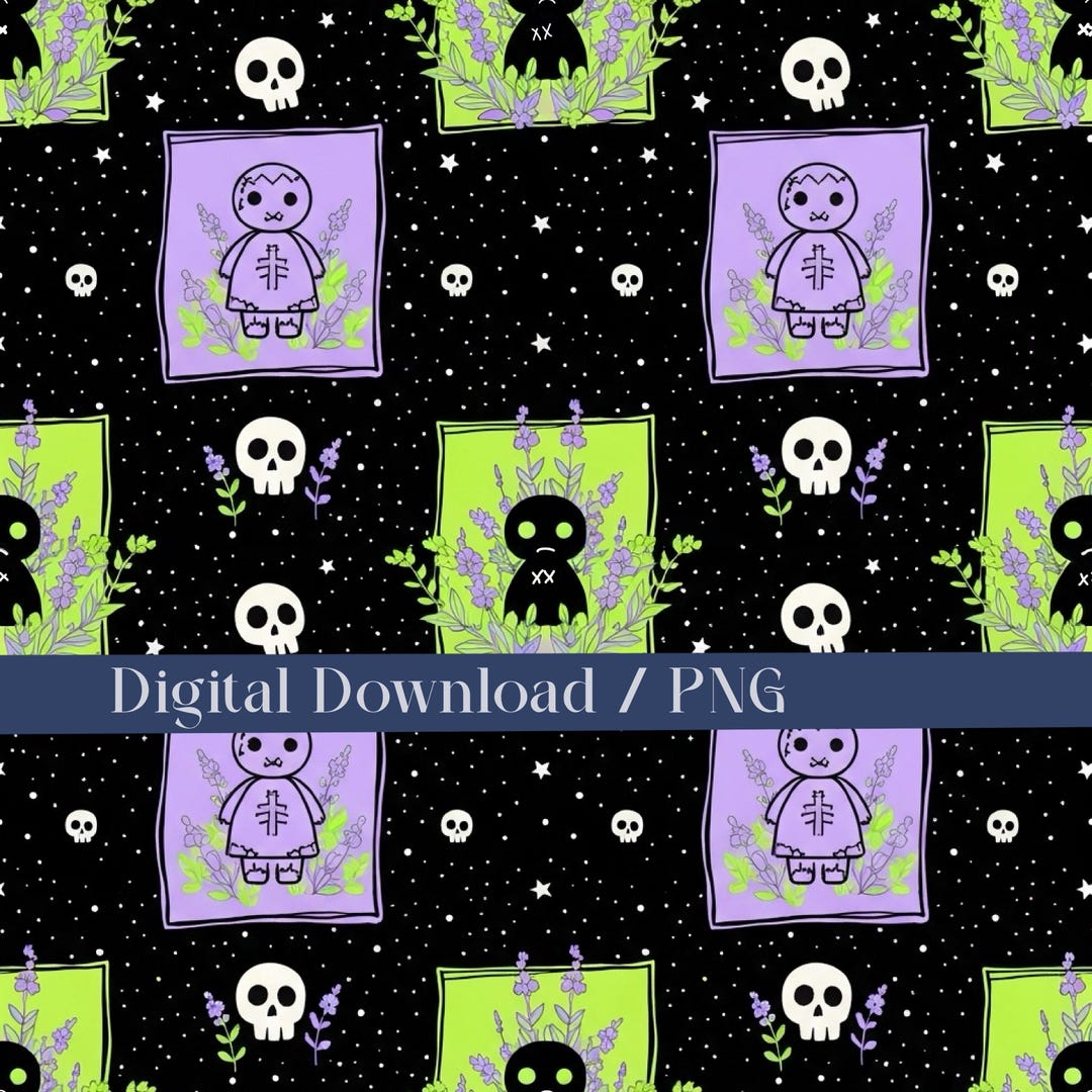 Green and Lavender Spooky Voodoo Cuties Seamless PNG. Skulls and Stars ...