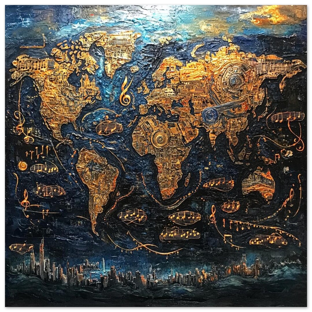 Futuristic Musical World Map Aluminum Print | Abstract Art | Musicians ...