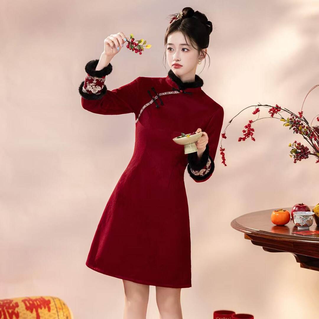 Red Chenille Qipao Dress,chinese New Year Winter Festival Cheongsam ...