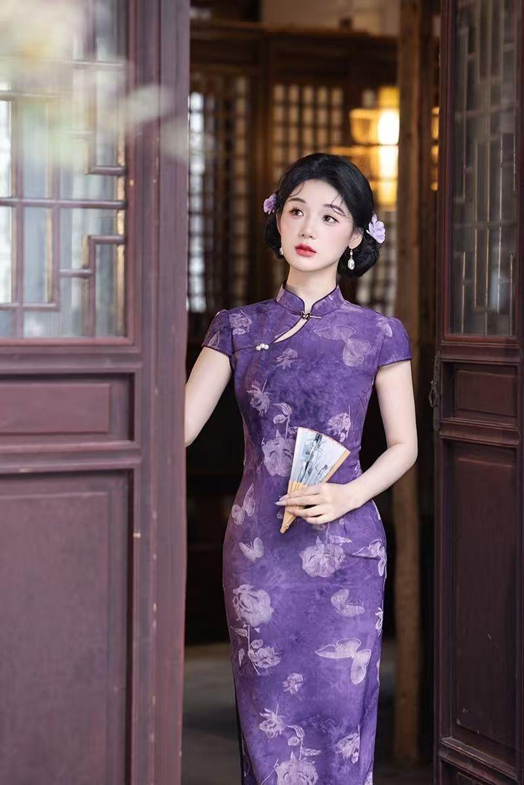 Purple Vintage Elegant Modern Chinese Cheongsam Long Dress, Slim Fit ...
