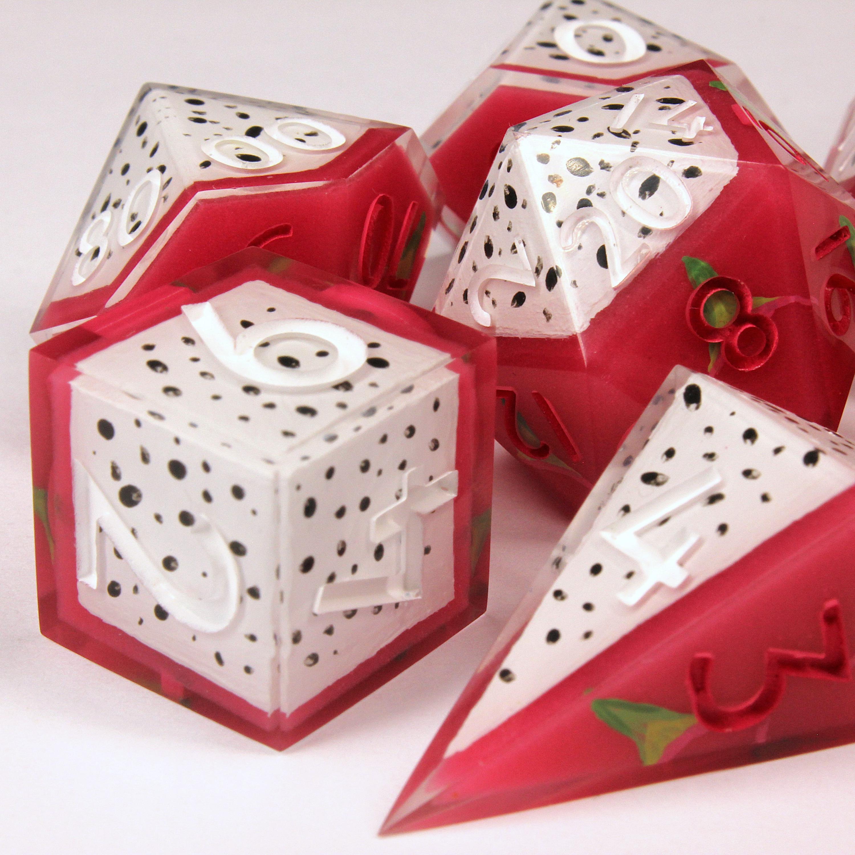 Hand Painted Dragon Fruit Dice Set – Polyhedral Sharp Edge RPG Dice (7 ...