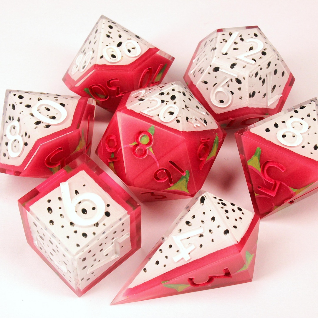 Hand Painted Dragon Fruit Dice Set – Polyhedral Sharp Edge RPG Dice (7 ...