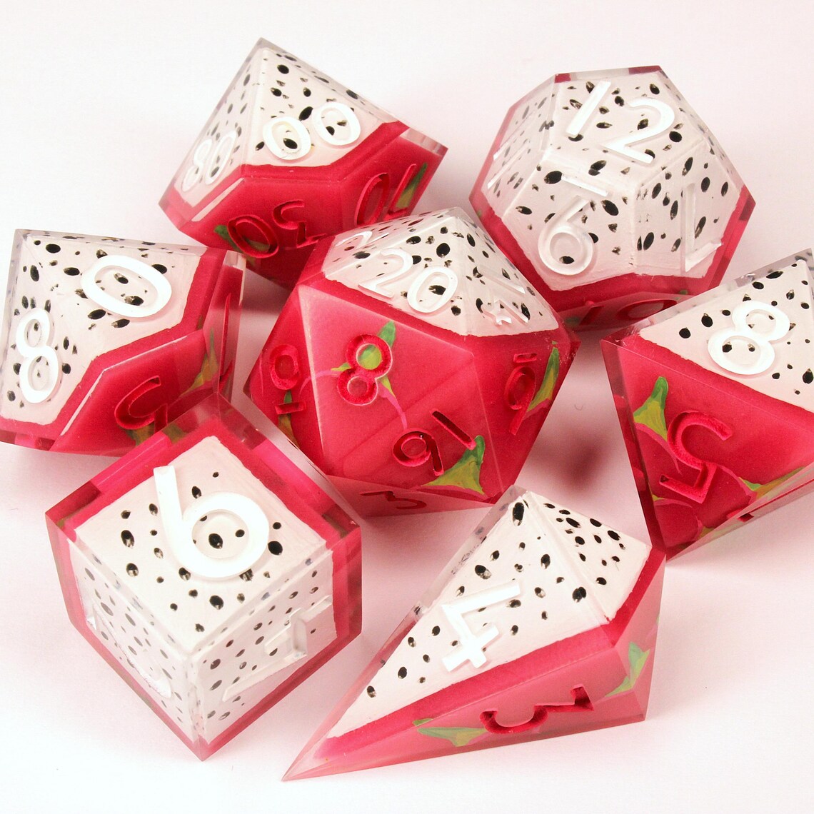 Hand Painted Dragon Fruit Dice Set – Polyhedral Sharp Edge RPG Dice (7 ...