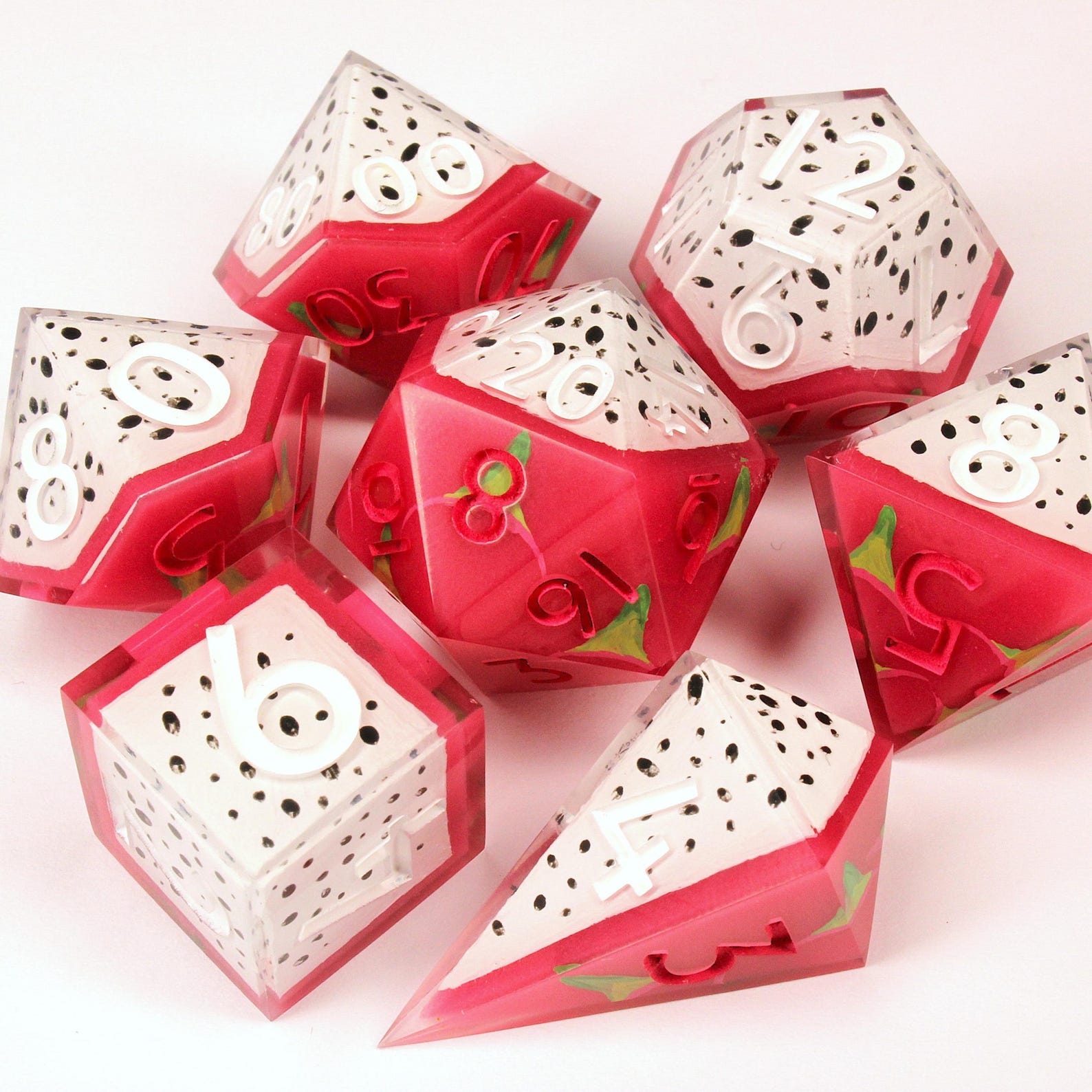 Hand Painted Dragon Fruit Dice Set – Polyhedral Sharp Edge RPG Dice (7 ...