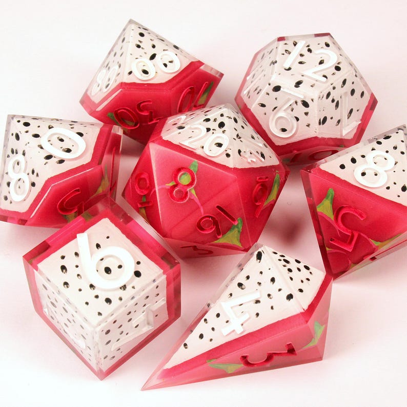 Hand Painted Dragon Fruit Dice Set – Polyhedral Sharp Edge RPG Dice (7 ...