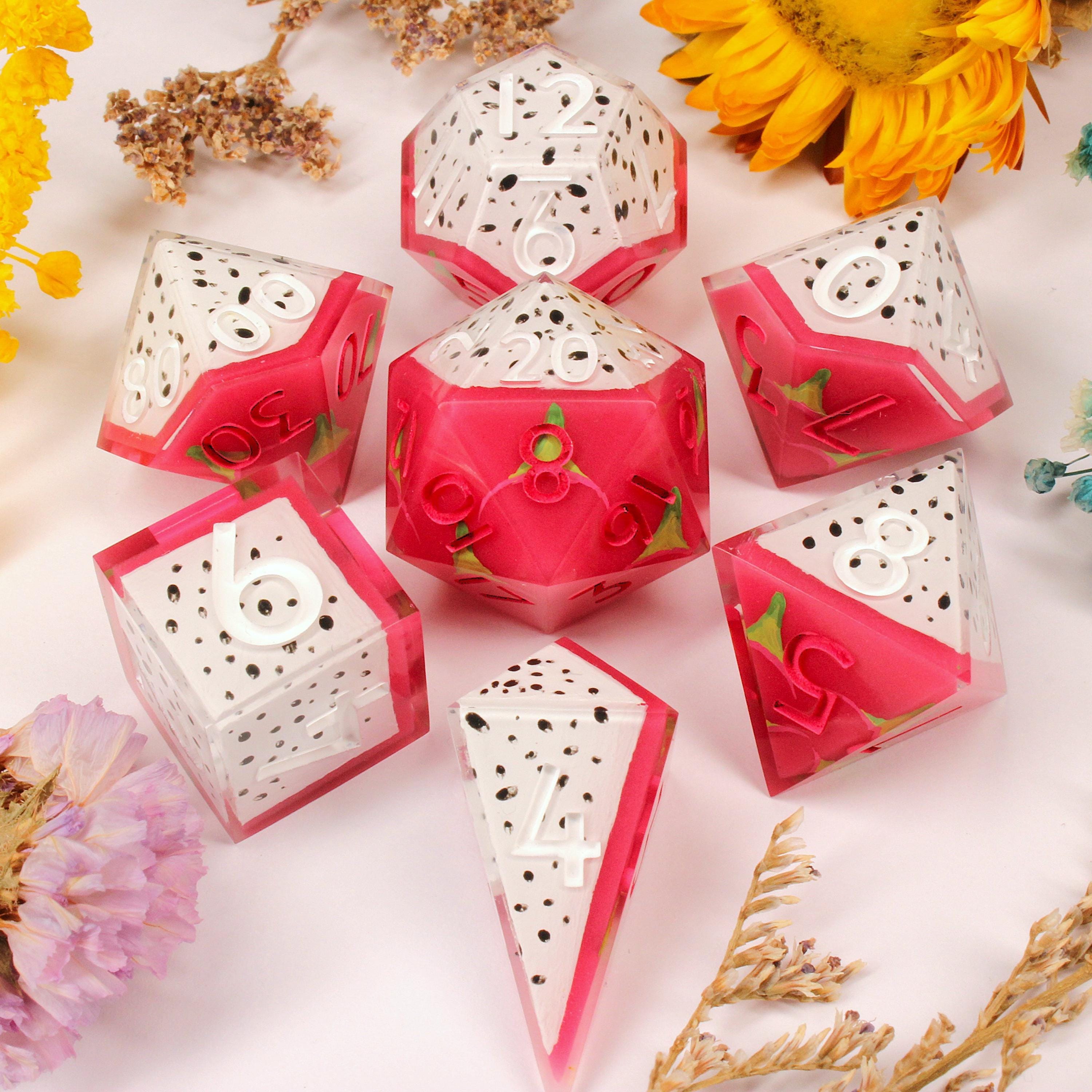Hand Painted Dragon Fruit Dice Set – Polyhedral Sharp Edge RPG Dice (7 ...
