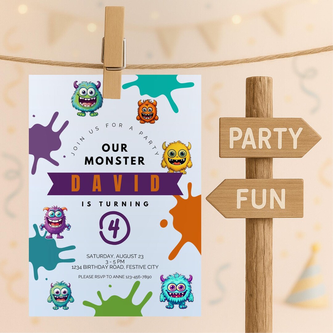 Cute Monsters Birthday Invitation Template | 4th Birthday Invite for ...