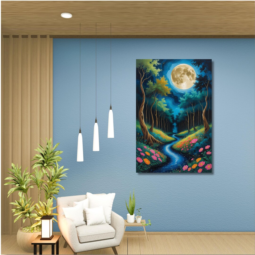 Fantasy Moonlit Forest Art, Magical Night Landscape Digital Painting ...