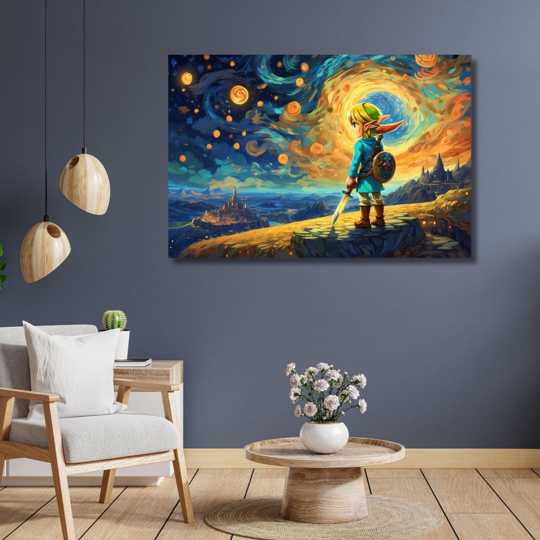 Starry Night Zelda Art Print, Fantasy Landscape Wall Art, Van Gogh ...