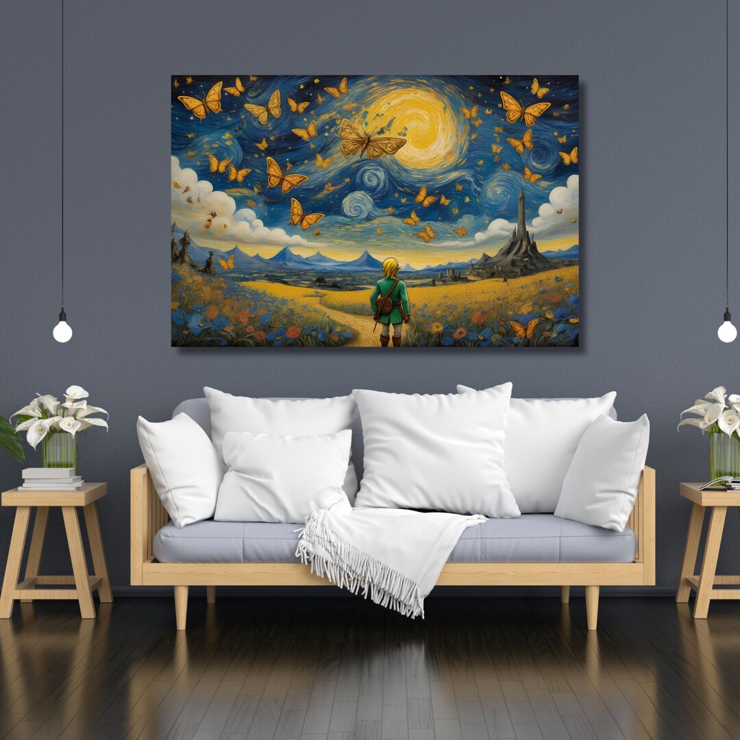 Zelda Link Starry Night Fan Art, Van Gogh Inspired Fantasy Painting ...