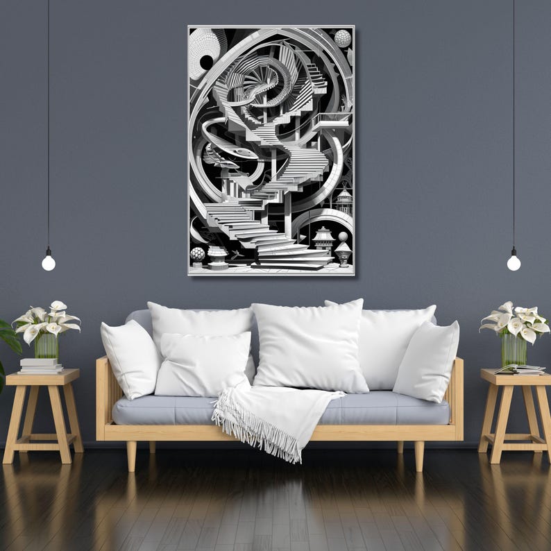 M C ESCHER Style Optical Illusion Impossible,relativity Painting Canvas ...