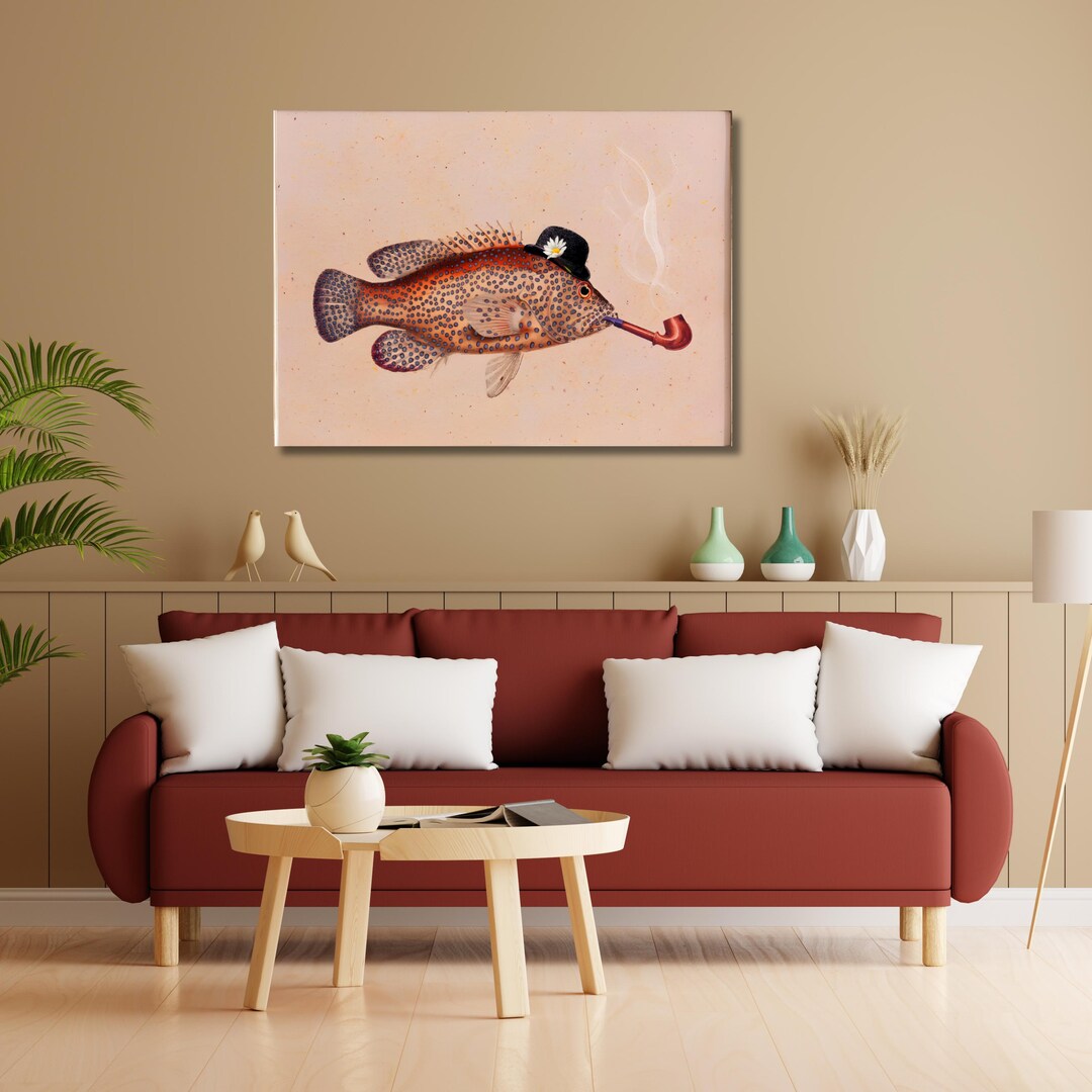 Grouper With Pipe Wall Art | Vintage Fish Illustration Print | Retro ...