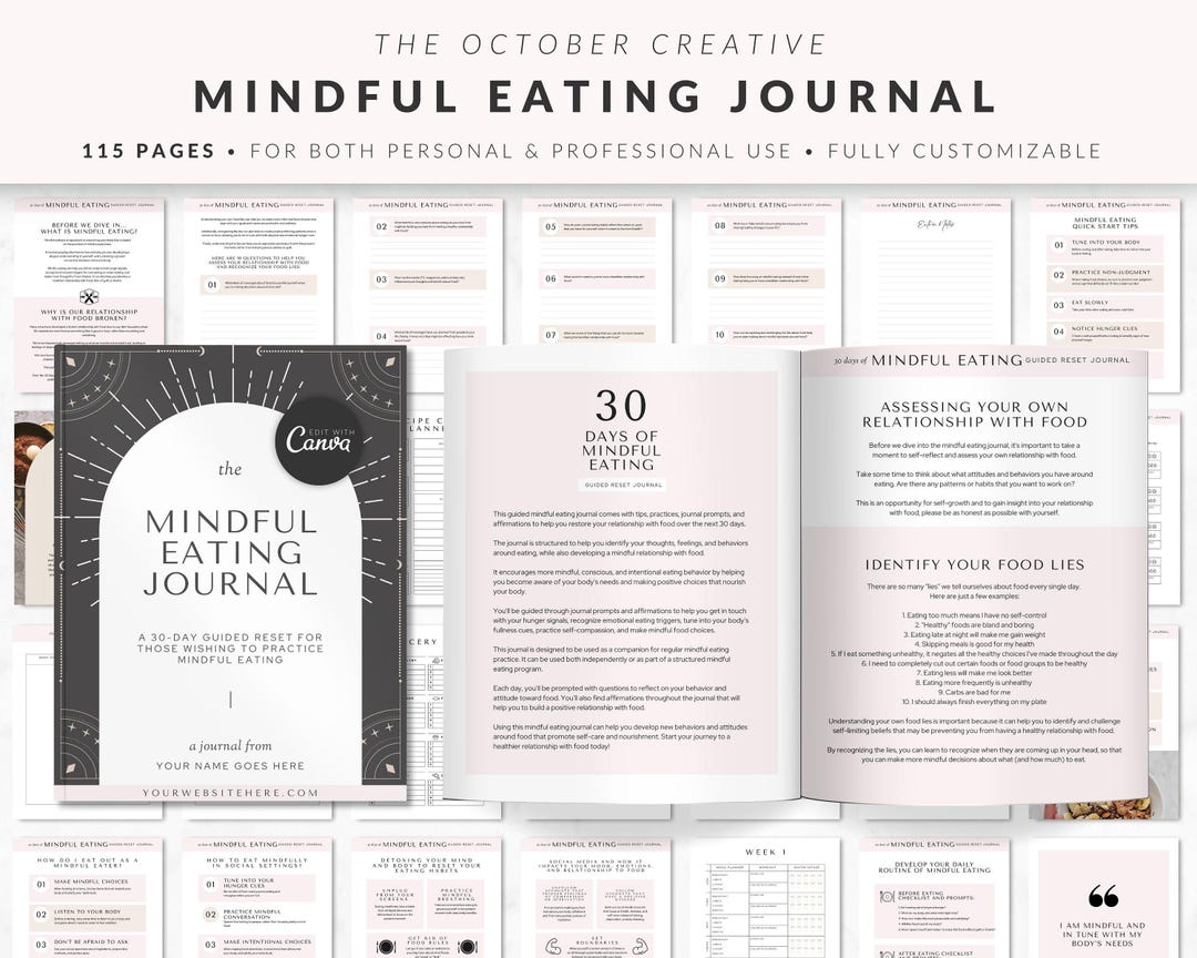 30 Days of Mindful Eating Journal Template, Canva Template for Coaches ...