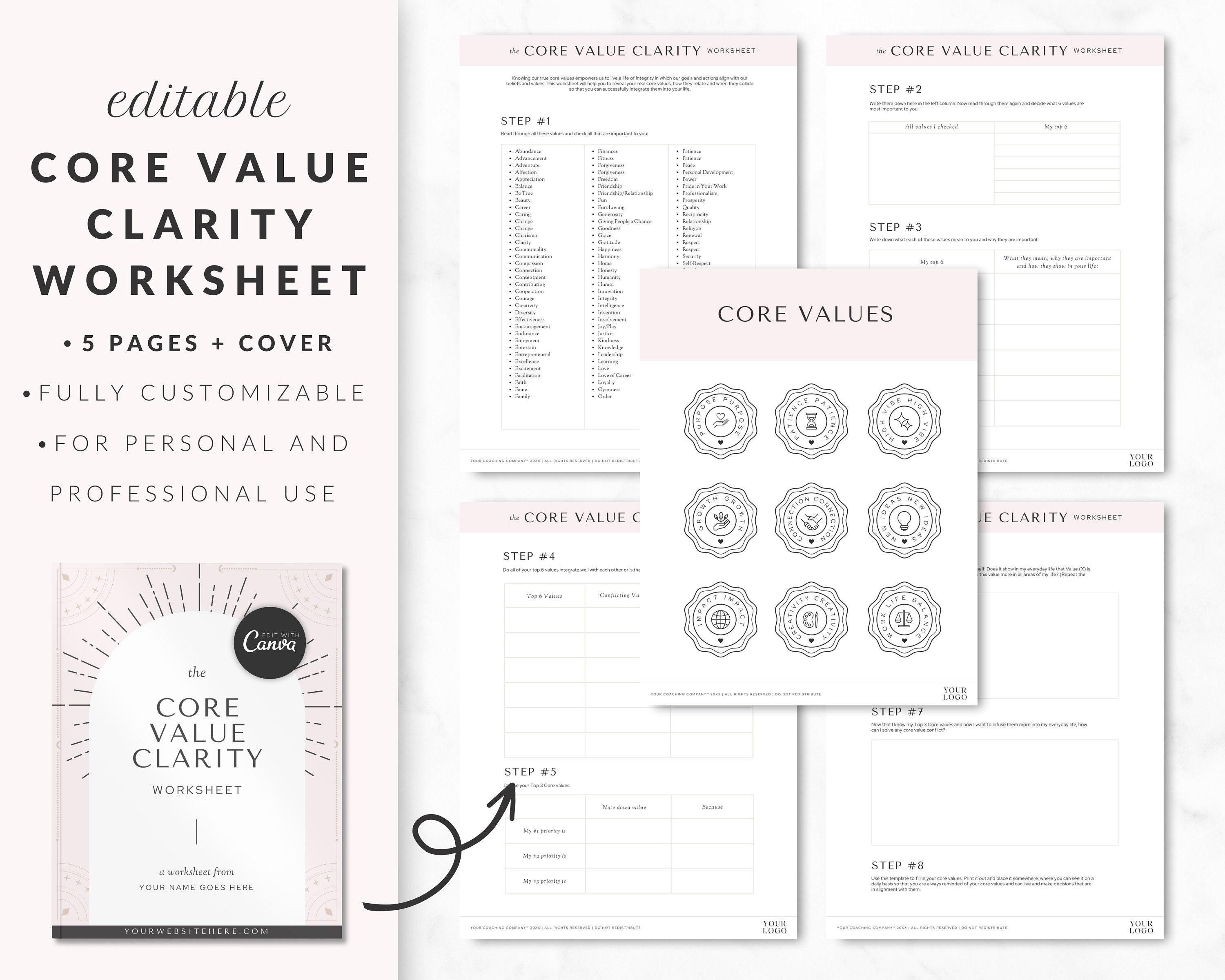 Core Value Clarity Worksheet Template, Coaching Worksheets, Coaching ...