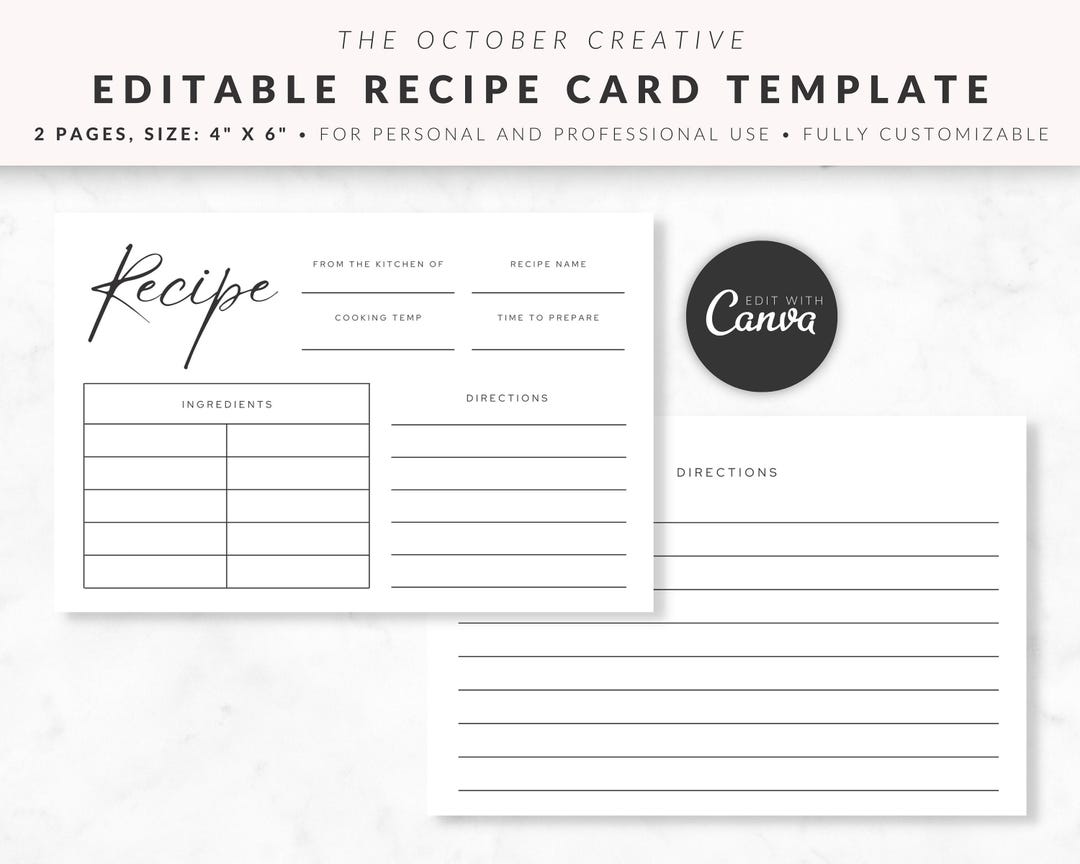 Editable Recipe Card Canva Template, Cookbook Card Template, Digital ...
