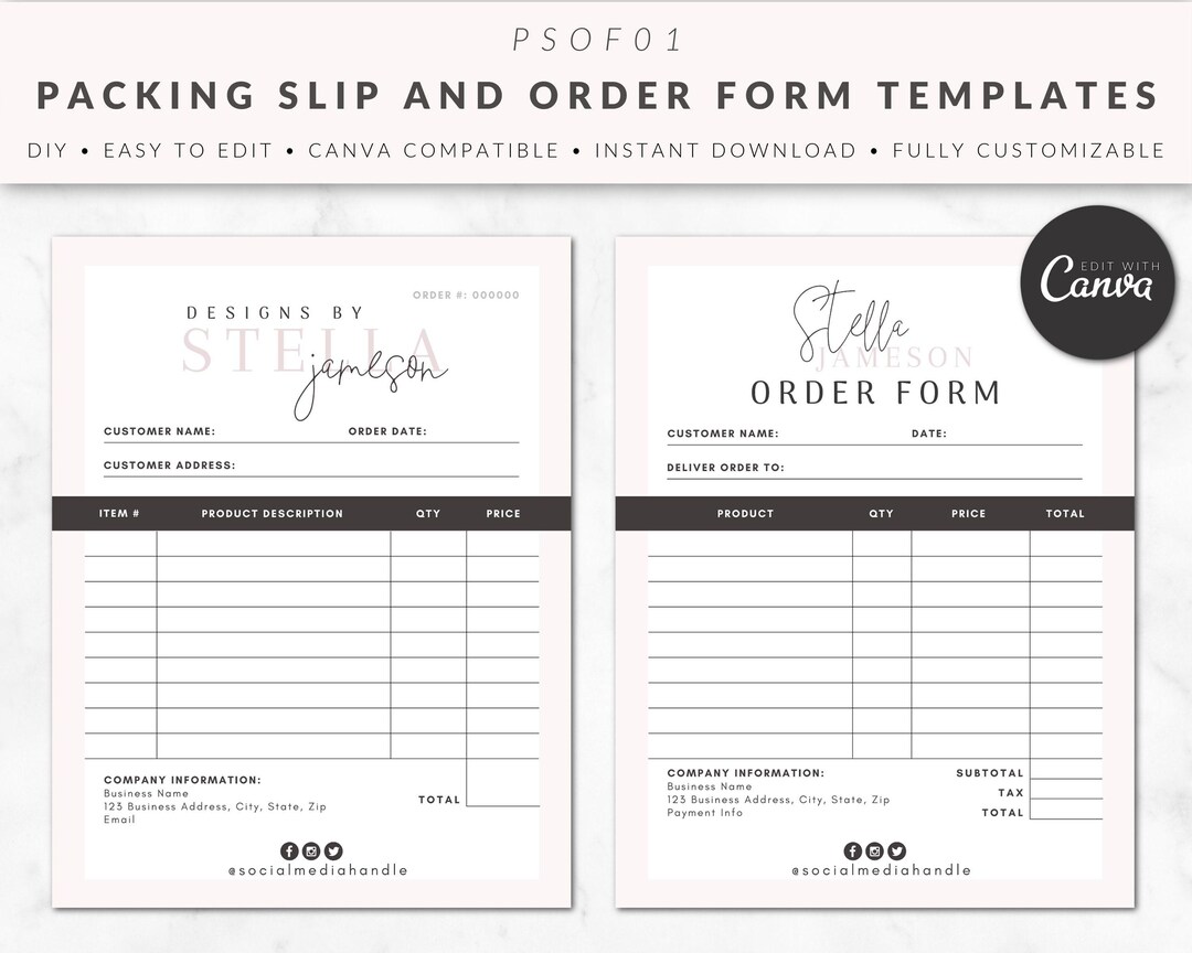 Order Form and Packing Slip Templates for Canva, Wholesale Form ...
