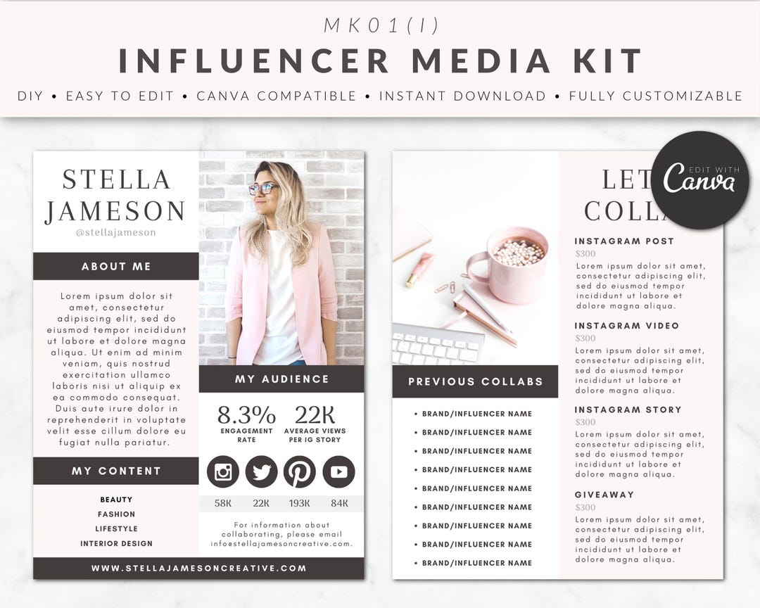 2 Page Influencer Media Kit Template for Canva, Social Media Influencer ...