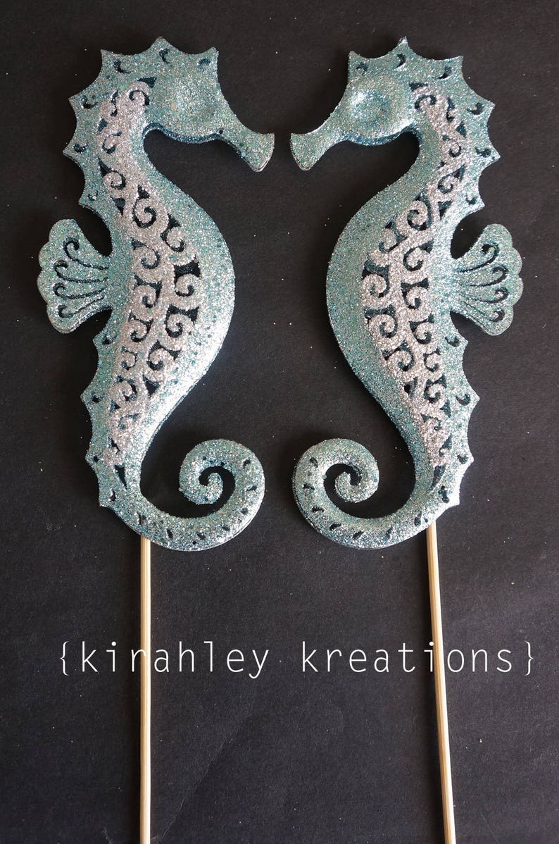 Seahorse Cake Topper | Beach Wedding | Teal Blue & Silver Seahorses ...