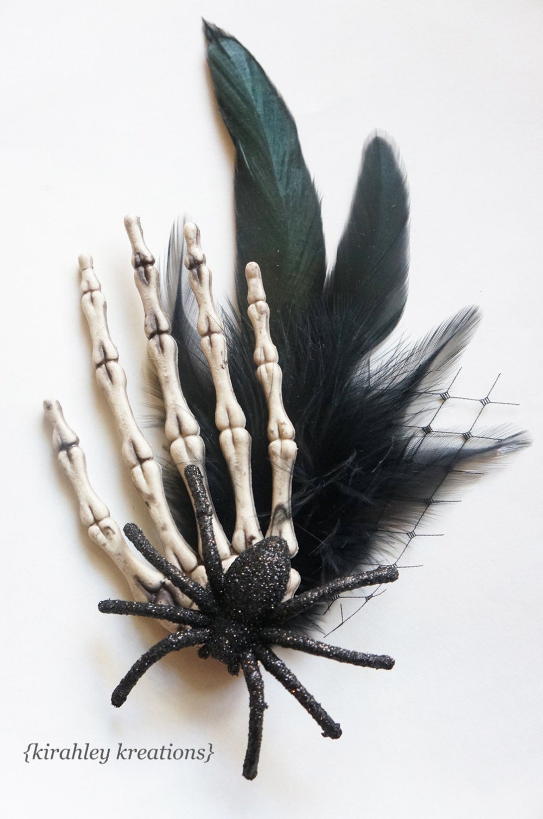 Skeleton Hand Hair Clip | Black Veiling & Feather Fascinator | Gothic ...