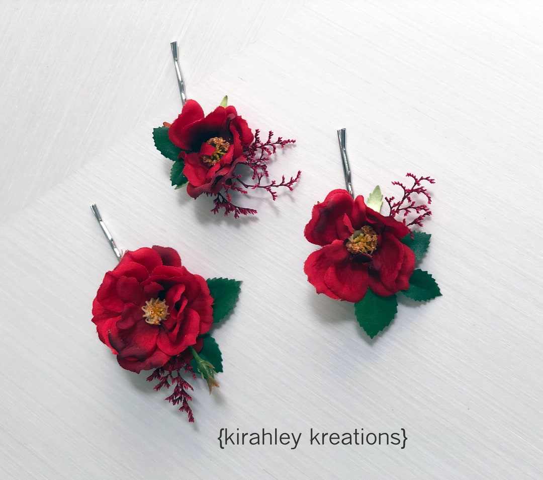 Red Rose Hair Pins Red Flower Hairpiece Holiday Party - Etsy