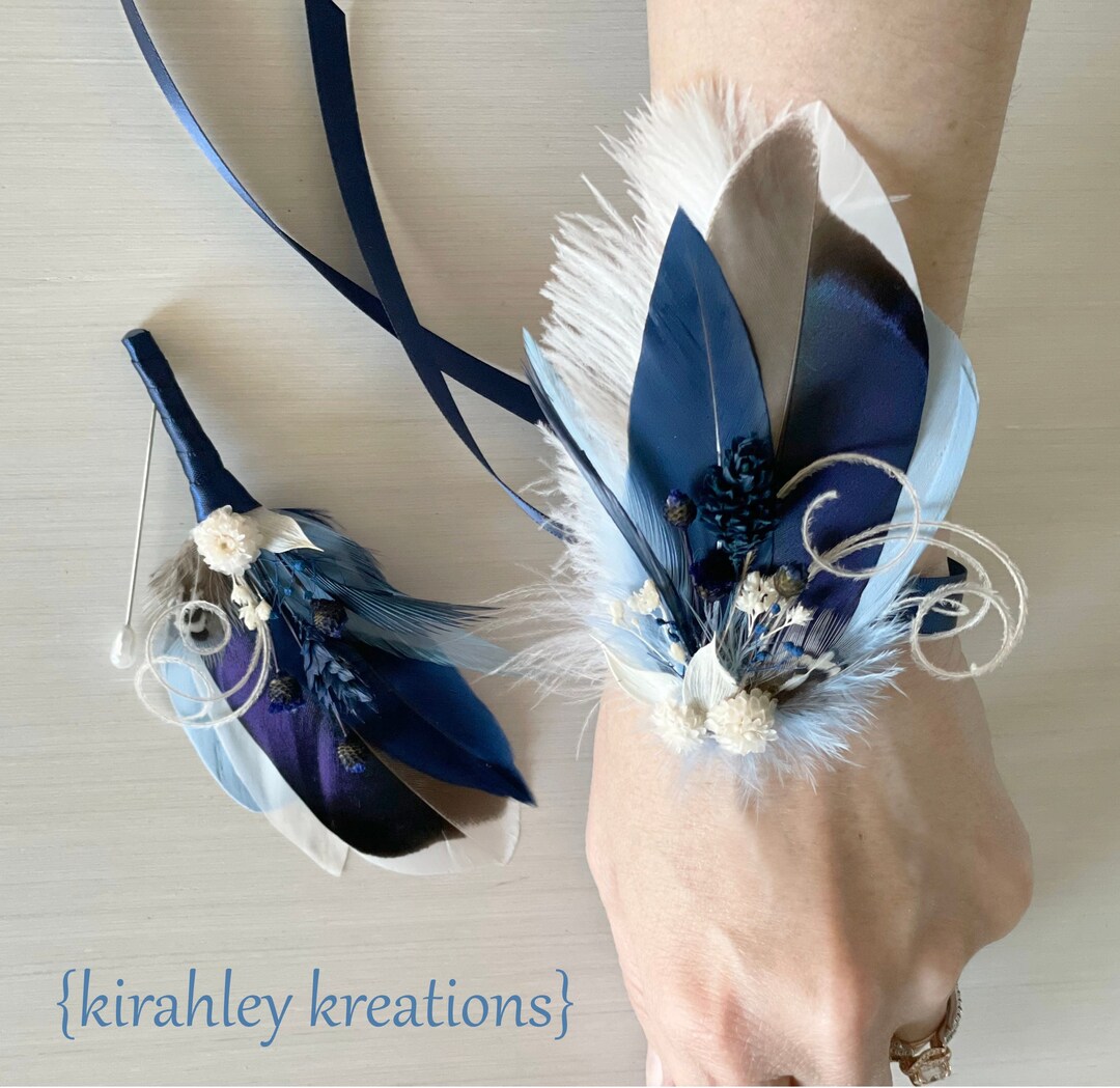 Mallard Duck Wrist Corsage Navy Feather Prom Wristlet Bride Wedding ...