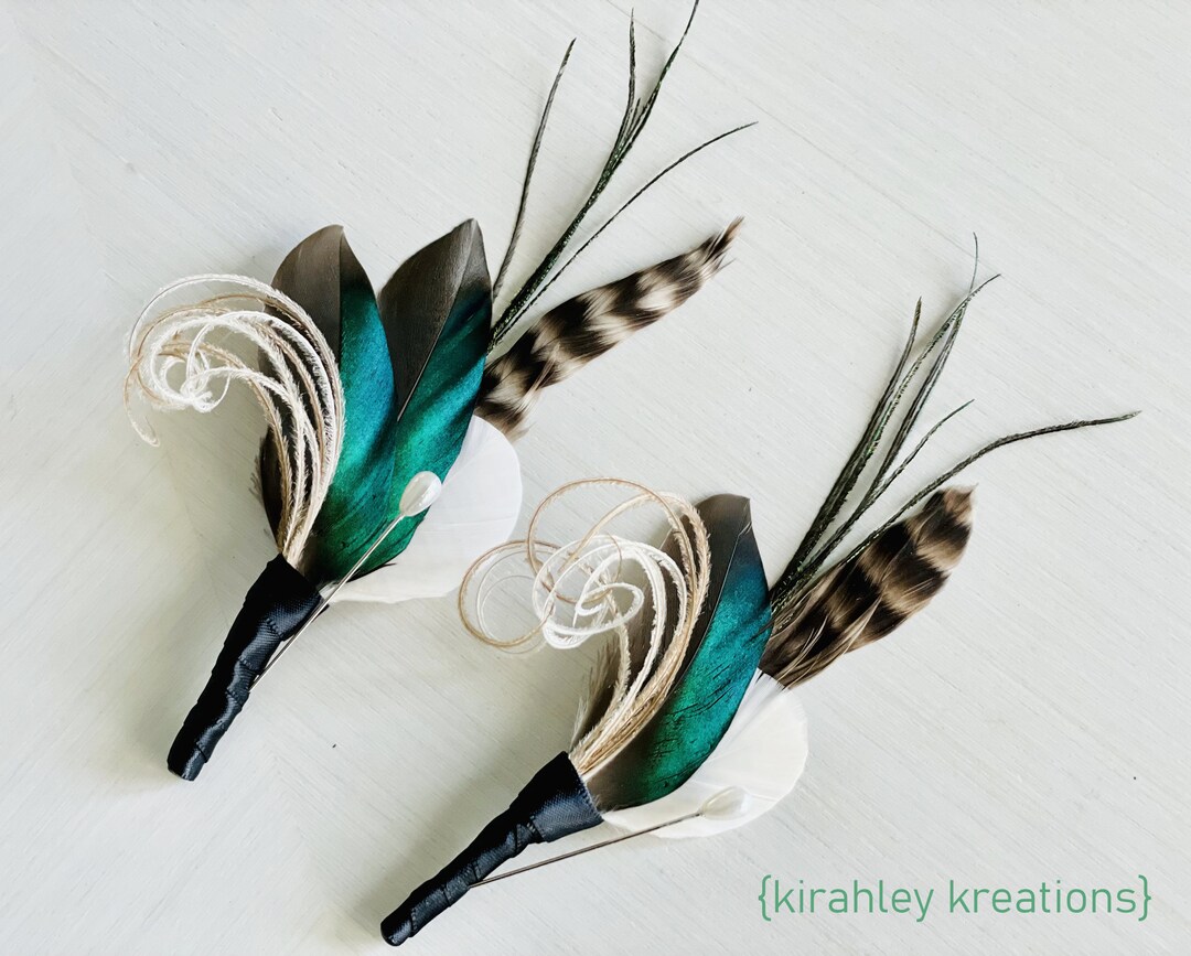 Emerald Feather Boutonniere | Green Teal Duck Groom Lapel Pin | Rustic ...