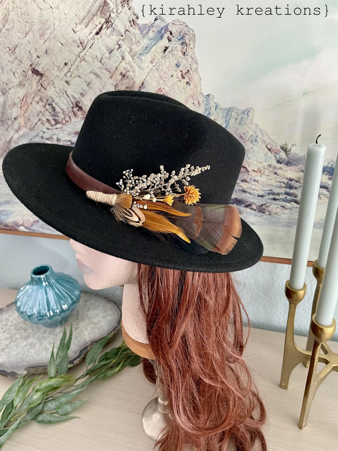 Boho Turkey Feather & Dried Flower Hat Pin | Floral Hatpiece | Rustic ...